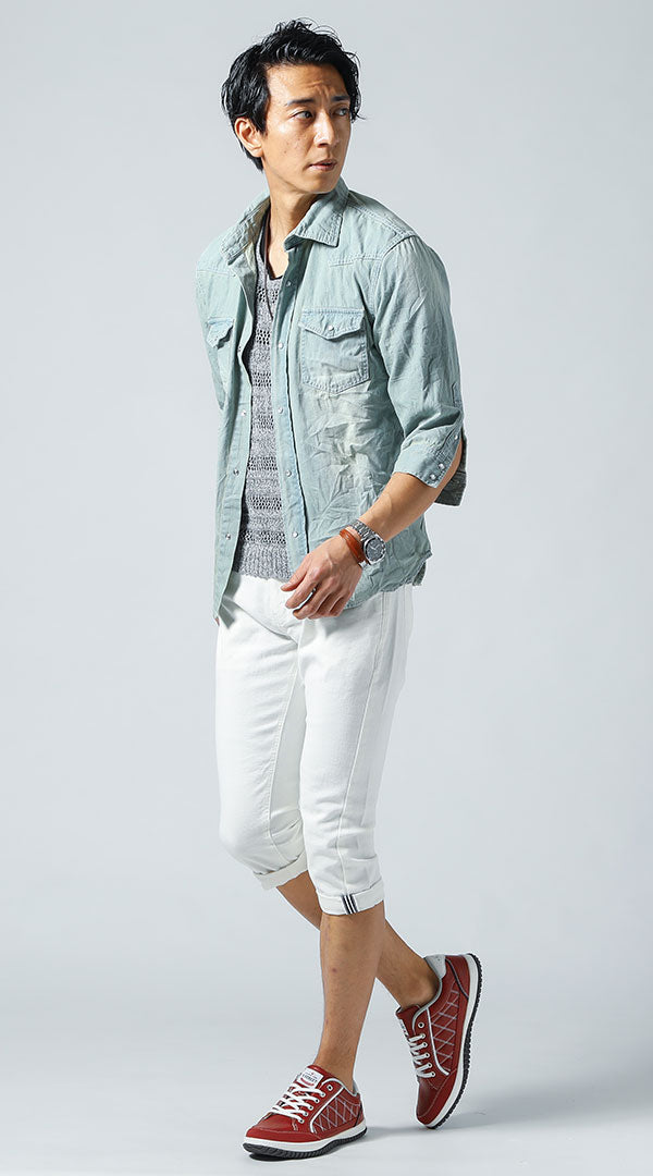 サックスデニムシャツ グレーメッシュニット ワイン軽量スニーカー snp_je0215のコーディネート例 ｜ メンズファッション通販 MENZ ...