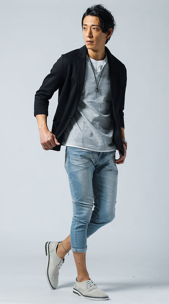 黒ジャケット 白フェイクレイヤードTシャツ ブルークロップドパンツ snp_jh0764 ｜ メンズファッション通販 MENZ-STYLE(メンズスタイル）