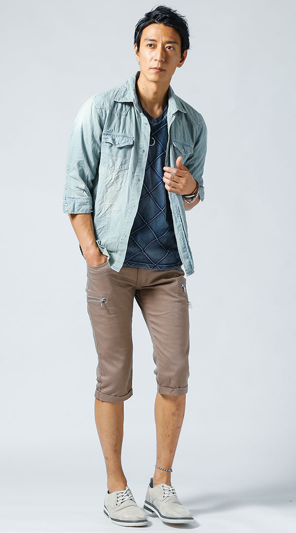 サックスデニムシャツ ネイビー半袖VネックTシャツ ベージュクロップドパンツ snp_jj0463のコーディネート例 ｜ メンズファッション通販 MENZ-STYLE(メンズスタイル）