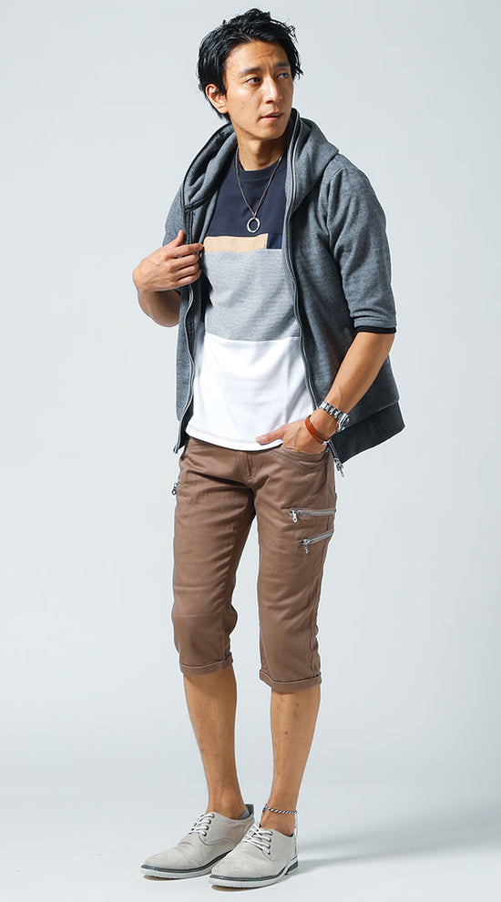 グレーパーカー ネイビー半袖ボーダーTシャツ ベージュクロップドパンツ snp_jn1700 ｜ メンズファッション通販 MENZ-STYLE(メンズスタイル）