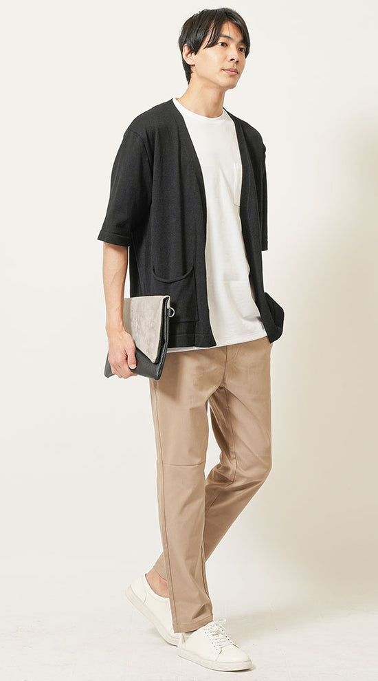 【20代】黒カーディガン 白Tシャツ ベージュパンツ 白スニーカー snp_no0450 ｜ メンズファッション通販 MENZ-STYLE(メンズスタイル）